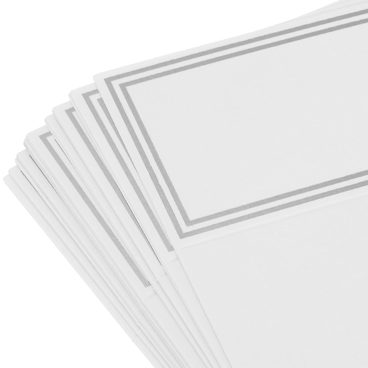 MECCANIXITY 40pcs Place Cards, Line Border Printable Place Name Cards for Table Setting Wedding Dinner Parties Events Reserved Seating, White Silver Double Line