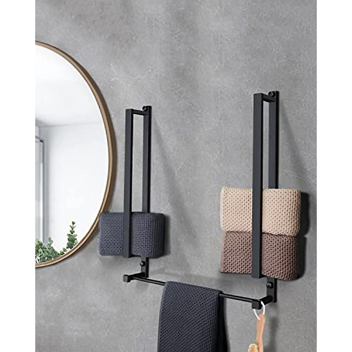 LIVEHITOP 2PCS Towel Rail, Wall Mounted Hand Towel Rack Bar with Rod Hook Aluminum Stainless Steel Matte Black 16.9 Inch for Bathroom Kitchen (Drilling/NO Drilling)