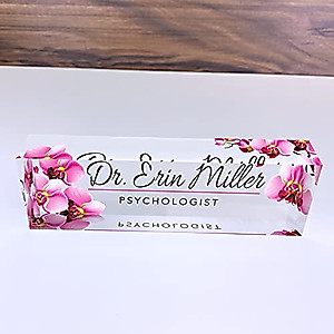 Artblox Custom Desk Name Plate - Orchids Design on Clear Acrylic Glass - Personalized with Your Name and Credentials for Office