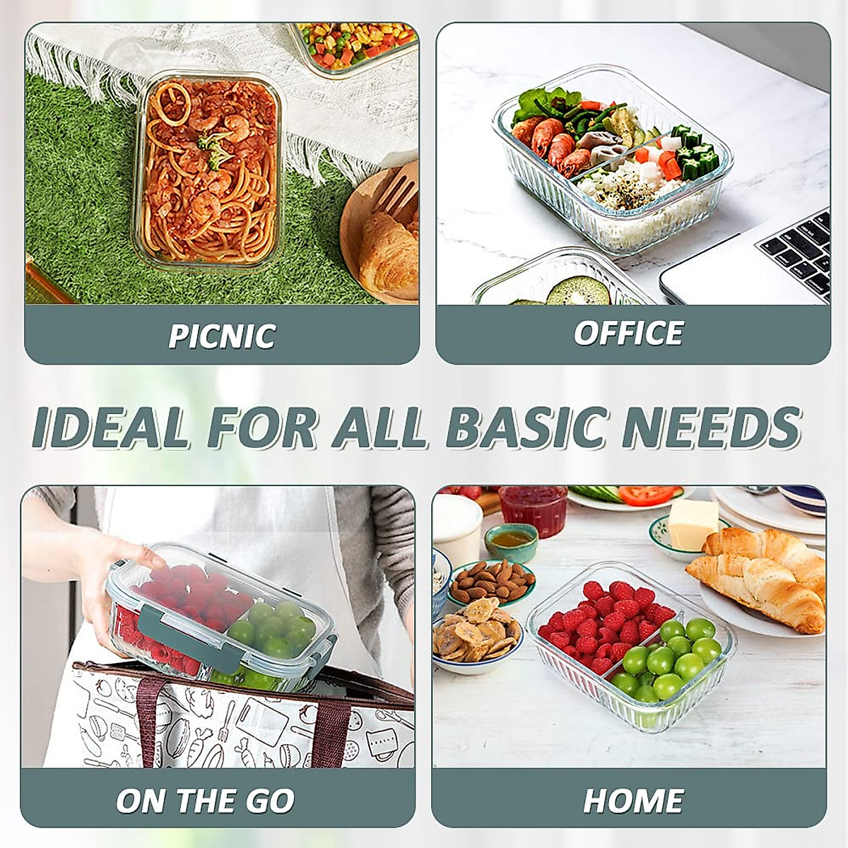 KOMUEE Glass Meal Prep Containers 2 Compartments, 5 Packs 36 oz, Airtight Glass Lunch Bento Box with Lids, Glass Food Storage Containers, BPA Free, Microwave, Freezer and Dishwasher Friendly