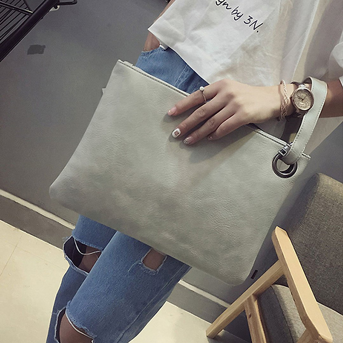 Mily Oversized Clutch Bag Purse Envelop Clutch Chain Tote Shoulder Bag Handbag Foldover Pouch Gray
