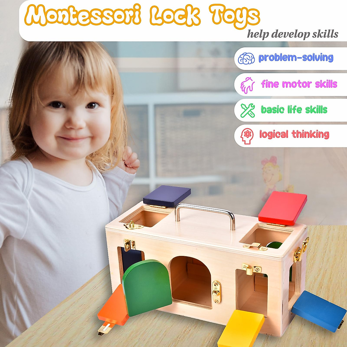 MICKYU Montessori Lock Box Toys Wooden Busy Board Sensory Toy Fine Motor Skills Learning Toys Gift for Toddlers Boys Girls