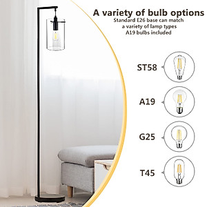 RORIANO Industrial Floor Lamp, Modern Standing Lamp with Hanging Clear Glass Shade, Farmhouse Rustic Tall Pole Lamp with Foot Switch for Living Room Bedroom Office, LED Bulb Included (Black)