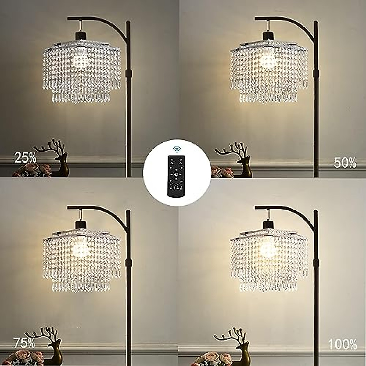 Floor Lamp with Table and Shelves for Living Room Bedroom Modern Arc Crystal Floor Standing Lamp with Remote Dimmable Two Layer Crystals LampShade Black Adjustable Tall Lamp Industrial Floor light