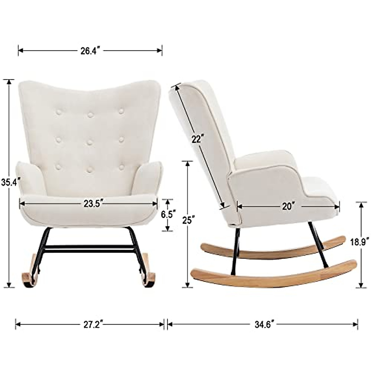 Fabric Nursery Rocking Accent Chair, Modern Tufted Button Wingback Glider Rocker Armchair with Solid Wood Legs, Beige