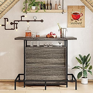 Tribesigns Home Bar Unit, Industrial 3-Tier Liquor Bar Table with Glasses Holder and Wine Storage, Wine Bar Cabinet Set Mini Bar with Footrest for Den Home Pub (Gray)