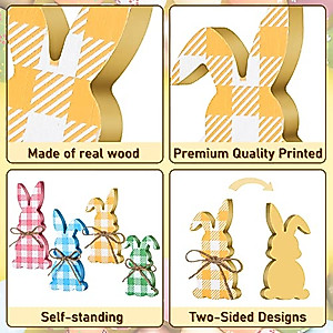 4 Pcs Easter Table Wooden Signs Bunny Shaped Freestanding Centerpiece Signs Buffalo Plaid Tiered Tray Wood Easter Bunnies Reversible Double Printed Bunny Table Decor with Jute Rope for Easter Party