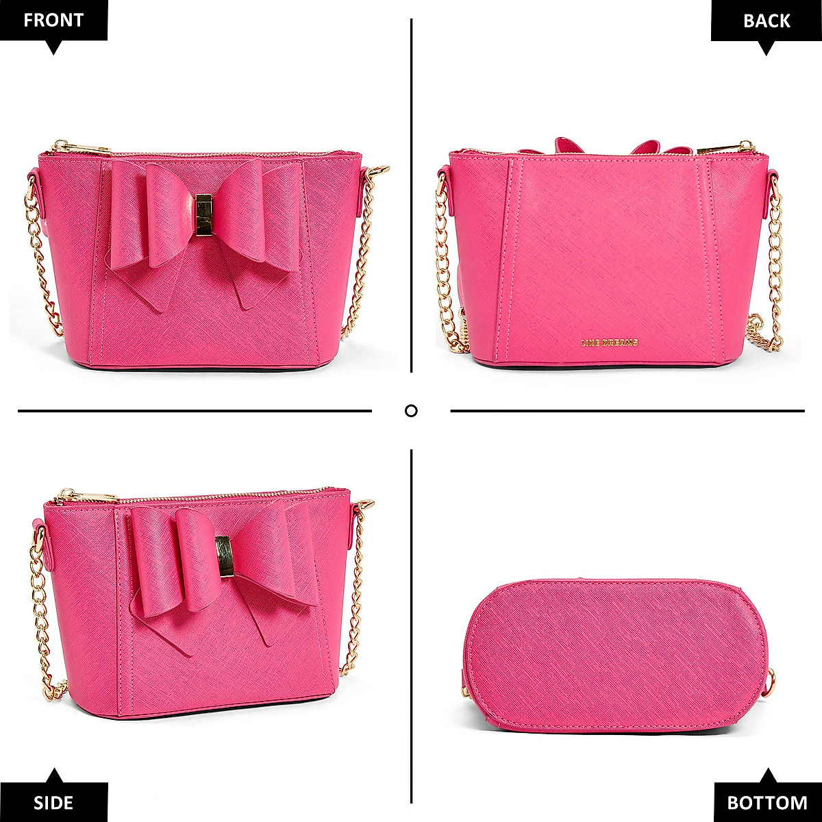 Like Dreams Womens Small Crossbody Vegan Leather Bowtie Fashion Gold Chain Handbag Purse (Fuchsia)