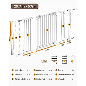 Mom's Choice Awards Winner-Cumbor 29.7-57" Baby Gate for Stairs, Extra Wide Dog Gate for Doorways, Pressure Mounted Walk Through Safety Child Gate for Kids Toddler, Tall Pet Puppy Fence Gate, White