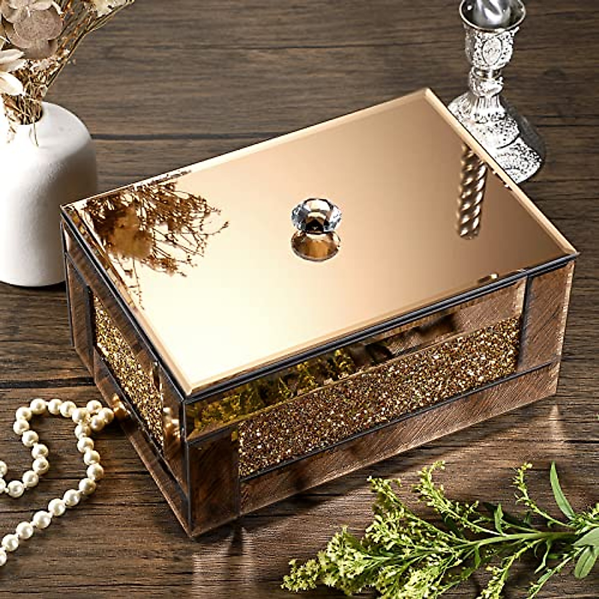 Hipiwe Glass Mirrored Jewelry Box with Crushed Diamond Decor Jewelry Trinket Organizer Box Keepsake Box Treasure Chest Case for Rings Earrings Necklace Storage Box (Large, Gold)