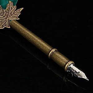 Fountain Pens, Handmade Dip Pen English Calligraphy Feather Dip Quill Pen Writing Ink Set with 5 Replacement Metal Nibs and Pen Nib Base for Stationery(Green)