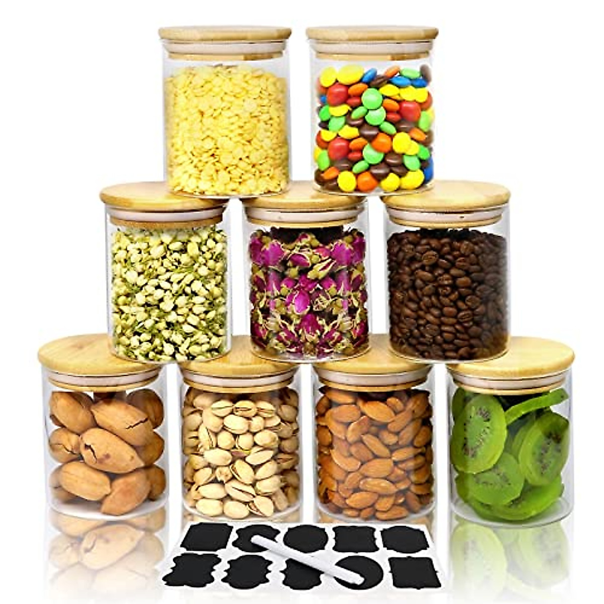 Hoanra 15oz Glass Jars with Airtight Bamboo Lids, Small Food Storage Containers, for Kitchen Pantry Organization Tea Coffee Candy Cookies Nuts（9 Pack）