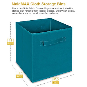 MaidMAX Cloth Storage Bins, Set of 6 Foldable Collapsible Fabric Cubes Organizers Basket with Dual Handles, Teal