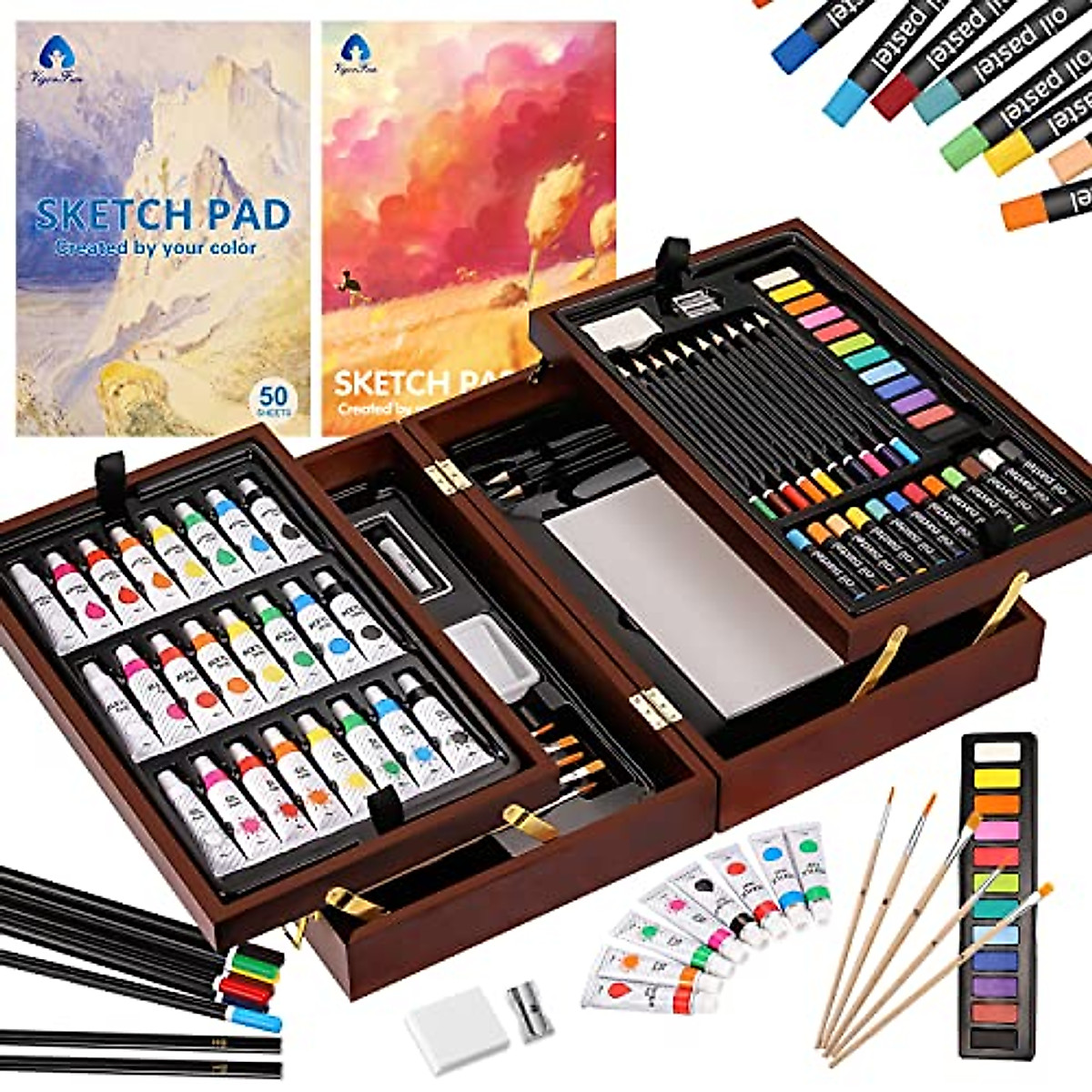 Art Supplies, Vigorfun Deluxe Wooden Art Set Crafts Drawing Painting Kit with 2 Sketch Pads, Oil Pastels, Acrylic, Watercolor Paints, Creative Gifts Box for Adults Artist Kids Teens Girls