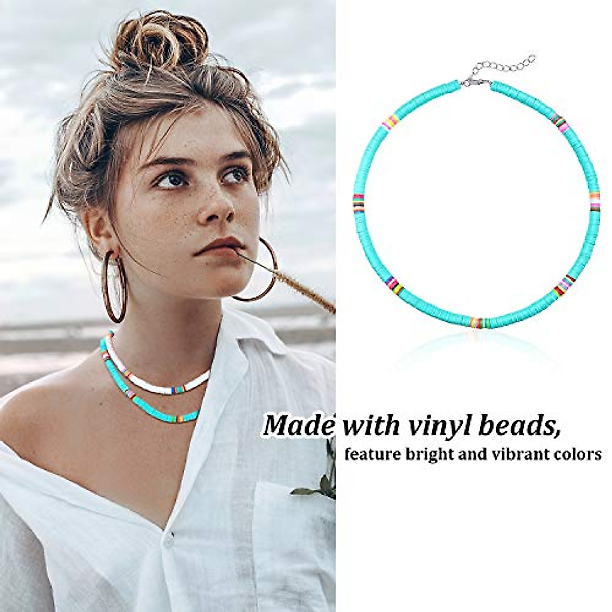 Hicarer 6 Pcs Beaded Choker Necklace for Women Surfer Necklace Colorful Heishi Necklace Boho Seed Bead Choker Set Women Bohemian Necklaces Trendy Western Necklaces jewelry