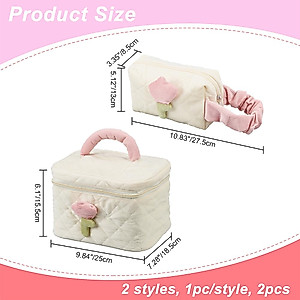 WADORN 2 Styles Portable Makeup Bag for Women, Corduroy Makeup Pouch Sets Travel Zipper Cosmetic Organizer Bag with Tulips Pattern Cute Quilted Cosmetic Pouch Toiletry Bag