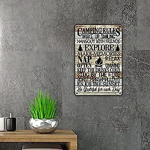 QIONGQI Funny Camping Rules Metal Tin Sign Wall Decor Farmhouse Rustic Camping Signs with Sayings for Home Camper Room Decor Gifts