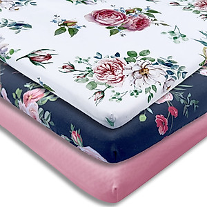 AMROSE 3 Pack Soft Floral Mini Crib Sheets, Microfiber Pack N Play Sheets Set for Baby Girls, Silk Touch Gentle Playard Sheet Portable Crib Sheet, Floral Theme