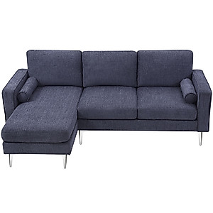 LCH L-Shaped Sectional Sofa with Reversible Chaise Lounge, 3-Seat Convertible Couch w/ 2 Pillows and Metal Legs, 86 inch, Perfect for Living Room, Apartment, Small Space, Blue
