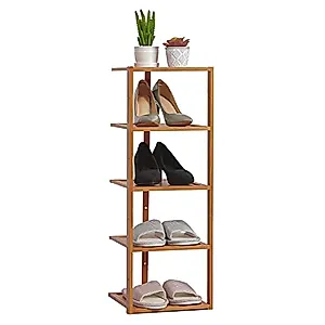 MoNiBloom 5 Tier Shoe Rack, Bamboo Narrow Single Pairs Shoe Storage Space Saving Ventilated Shoe Organizer for Small Spaces Corner Hallway Entryway, Brown