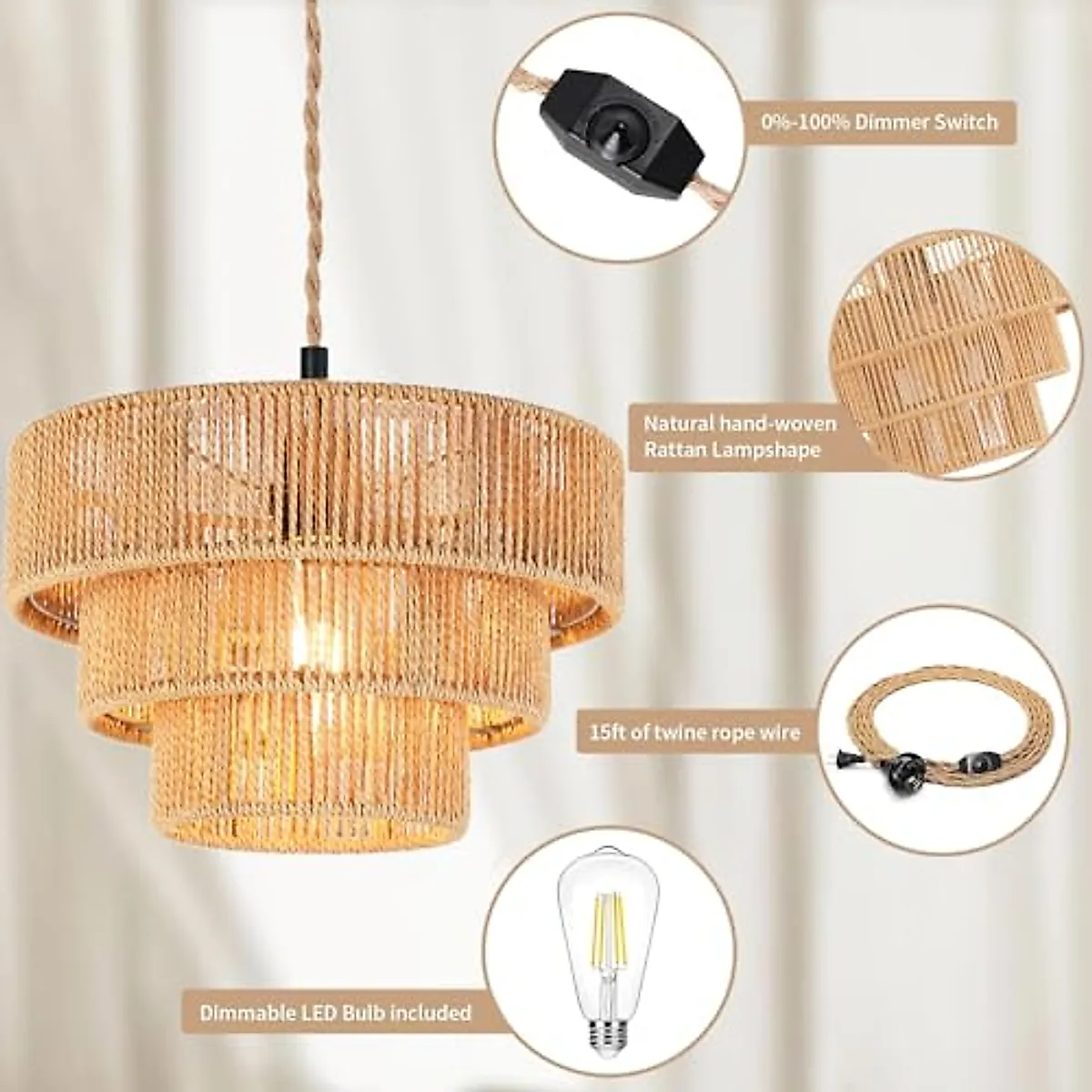 QIYIZM Plug in Pendant Light Boho Hanging Lights with Plug in Cord Rattan Hanging Lamp Dimmable Wicker Bamboo Woven Lamp Shade Hemp Rope Plug in Ceiling Light Fixture for Living Room Bedroom Kitchen