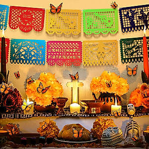 18 Pcs Day of The Dead Party Banners Day of The Dead Party Decorations Dia De Los Muertos Day of The Dead Decor with 24 Pcs Monarch Butterfly 3 Artificial Marigold Flowers Garland for Diwali Decor