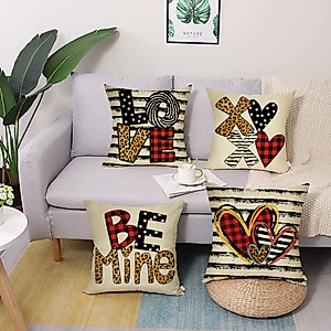 Fjfz Valentine's Day Decorative Throw Pillow Cover 18x18 Set of 4, Be Mine Love Leopard Red Buffalo Plaid Check Black Polka Dot Striped Anniversary Wedding Home Decor Farmhouse Cushion Case for Couch