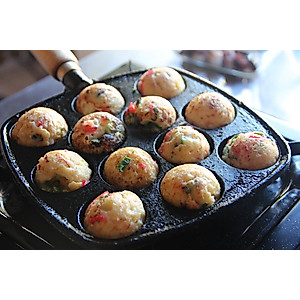 Happy Sales , Cast Iron Takoyaki Pan, 8" L x 7-3/8 D x 1-1/8 H, Black