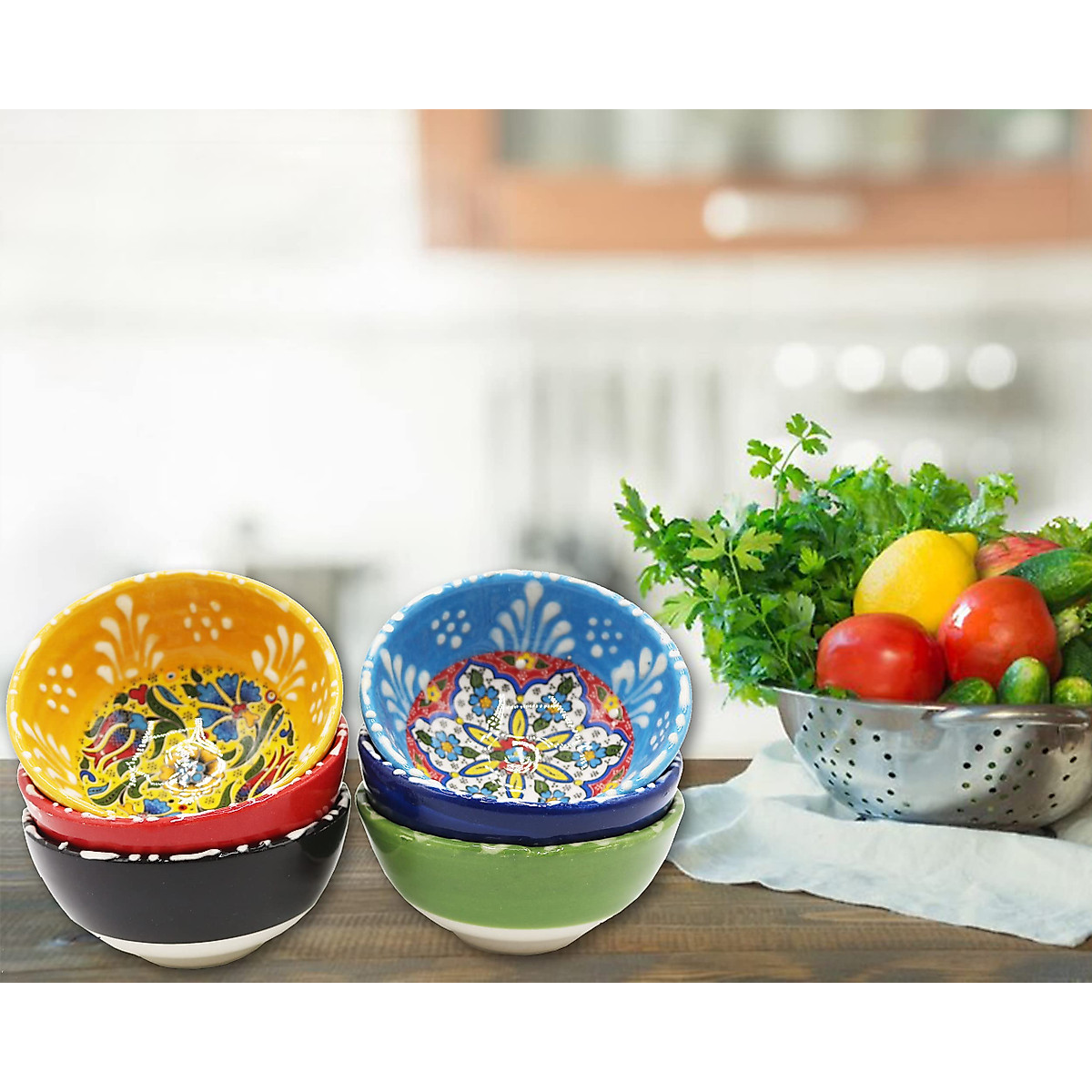 Silver Craft 6 Pcs Hand Painted Decorative Serving Turkish Ceramic Tiny Bowls - Handmade Ceramic Bowl Set of (3.3''inc/8.5cm) 2.5 Oz Pinch Multicolor Small - Best Gift Set