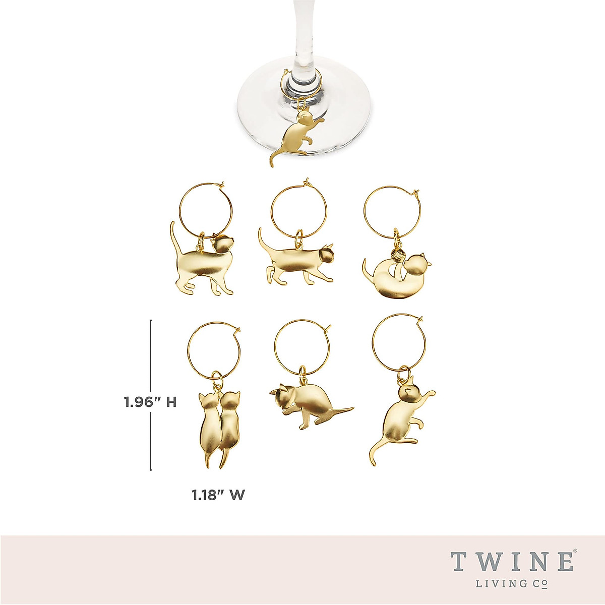 Twine Cat Lovers Wine Charms with Six Unique Designs, Drink Markers for Stemware, Gold