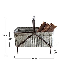 Farmhouse Galvanized Metal Storage Bucket on Stand with Handle, Distressed Silver