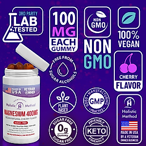 Sugar-Free Magnesium Citrate Gummies Supplement - Cherry 120 Calming Chews for Better Sleep and Relaxation - Sugar, Gelatin, Gluten Free - No Sugar Alcohol - for Adults and Kids - 100MG/ Gummy