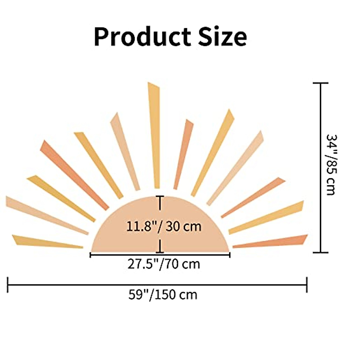 ECam Half Sun Wall Decal, Boho Decals, Sunshine Large Stickers, Vinyl Peel and Stick Stickers for Kids Bedroom Nursery Playroom Classroom Decor (59 x 34 inch)