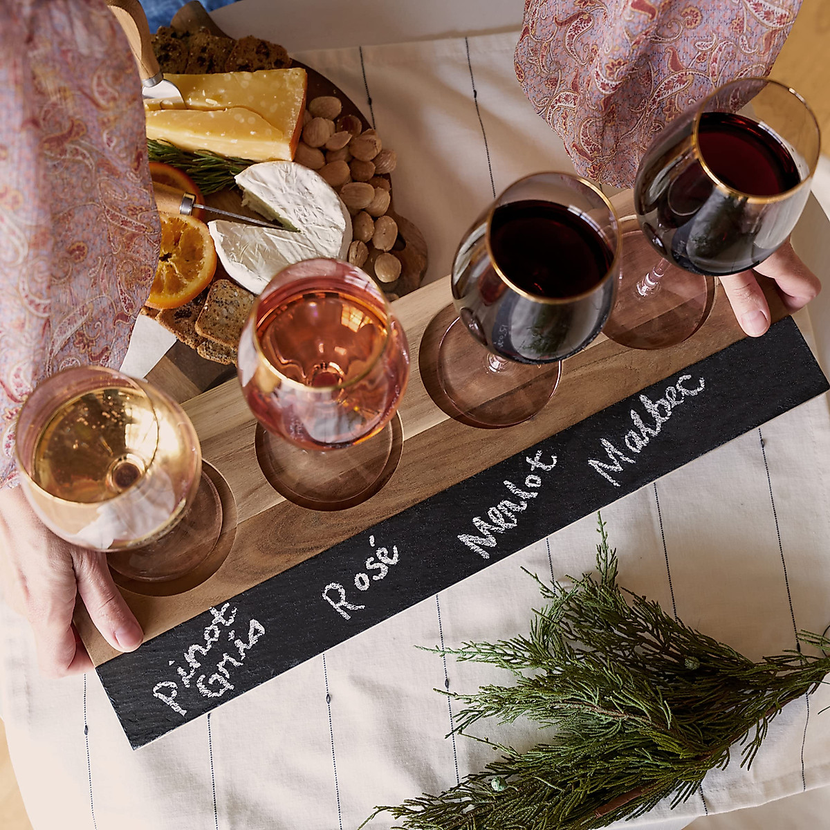 Twine Wine Flight Set, Wine Tasting Board with Slate Chalkboard, 2 Pieces of Soapstone Chalk, and Acacia Wood Serving Tray, Flight Board