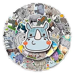 Cute Rhino Stickers,Cartoon 50 PCS Funny Rhinoceros Animal Vinyl Stickers,Laptops Water Bottles Computer Skateboard Journal Sticker Decals for Kids Teens Girls