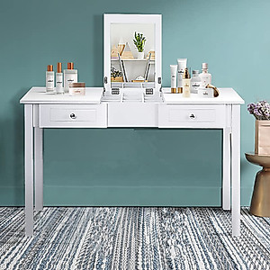 Giantex Vanity Table with Flip Top Mirror, Makeup Dressing Table Writing Desk with 2 Drawers and Removable Organizer 9 Compartments, Bedroom Vanity Table for Girls Women, Easy Assembly, White