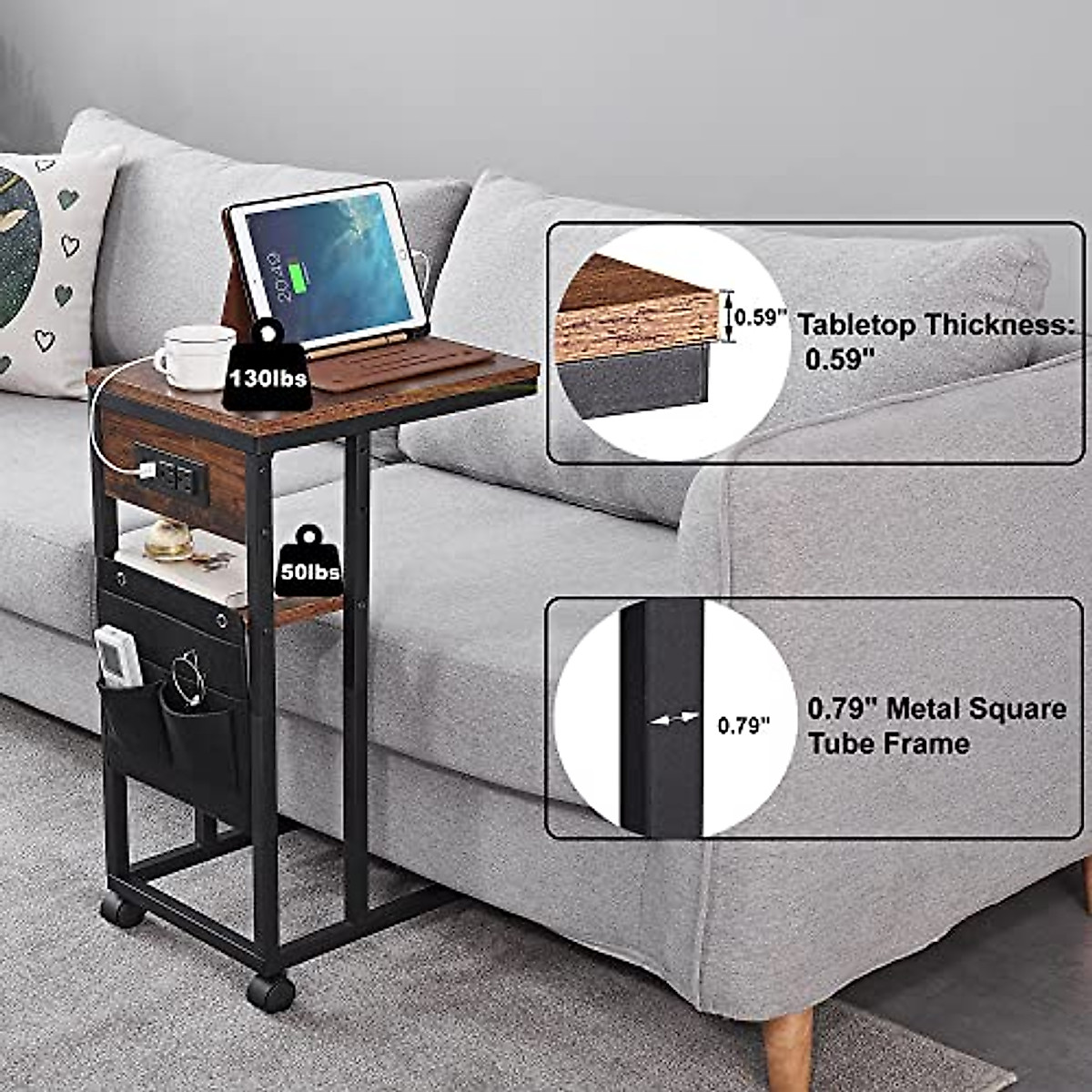 YILFANA C Shaped End Table with Charging Station, C Shaped Side Table with Storage and Lockable Wheels, C Table with USB Ports & Power Outlets, for Living Room, Bedroom, Brown