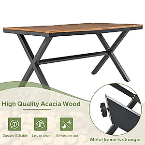 7 Piece Outdoor Patio Dining Set, All-Weather Outdoor Furniture Set with Dining Table and Chairs, Acacia Wood Table Top, Metal Frame, 6 Chairs with Cushions for Outdoor Garden Backyard Balcony, Green