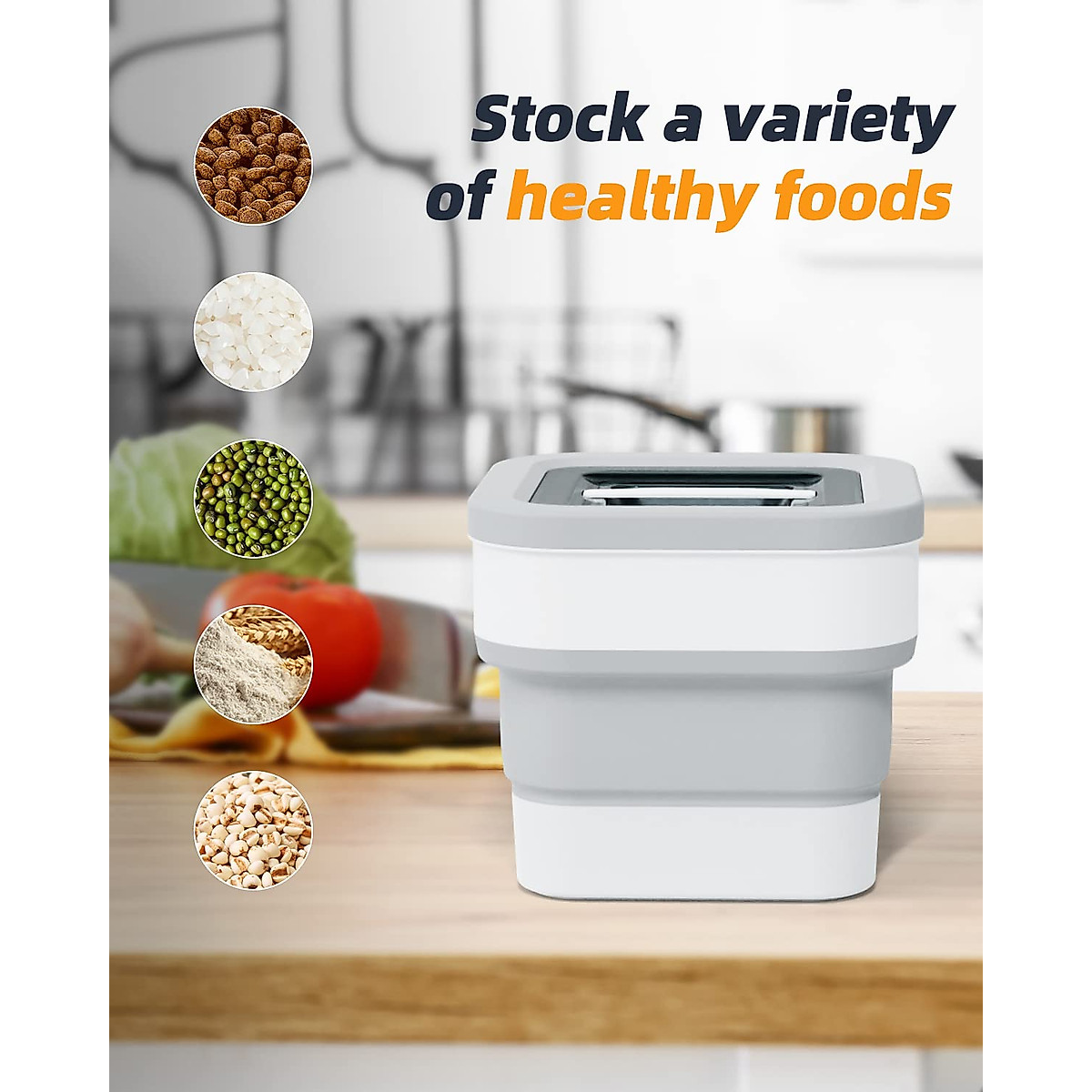 ARUKEE Dog Food Storage Container,15 Lb Dog Food Containers Large Collapsible Grain Storage Bins with Measuring Cup for Cereal Flour Snacks Nuts, Grey