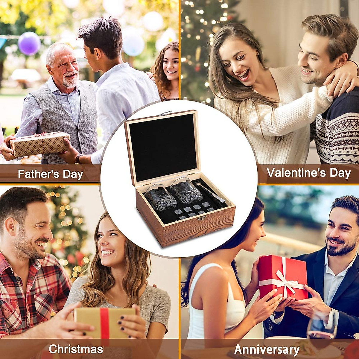 Whisky Glass Set for Men, Elegant Whisky Stones Set Included 8 Granite Whisky Rocks Chilling Stones and 2 Whisky Glasses, Nice Gift for Father’s Day, Valentine's Day and Anniversary