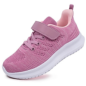 Toandon Little Kids Girls Sneakers Shoes Breathable Lightweight Athletic Sport Tennis Running Walking Fashion Knit Straps Non Slip Hook and Loop Closure Sneakers Pink Purple Size 2