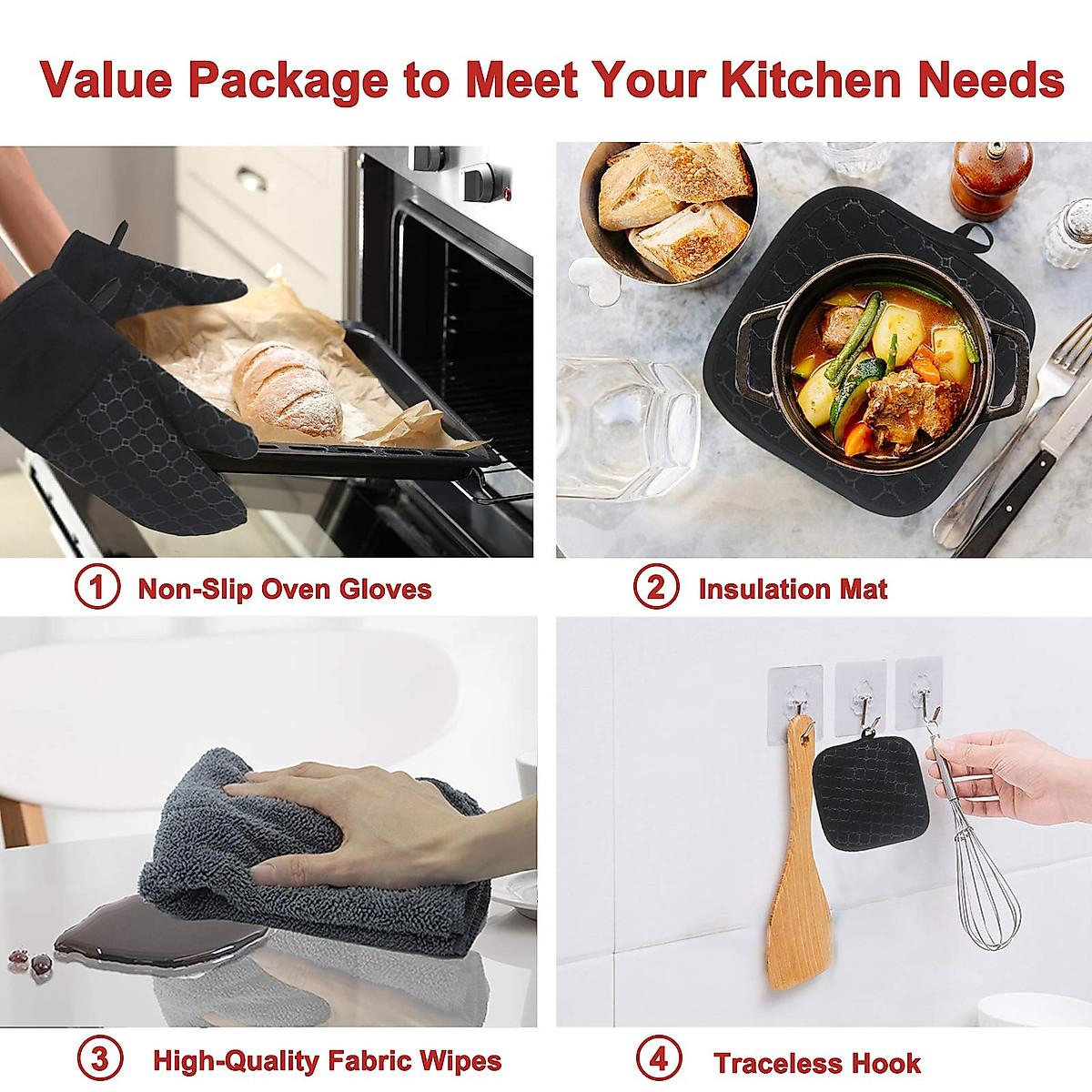 Extra Long Oven Mitts and Pot Holders Sets, 550°F High Heat Resistant Oven Mitts with Kitchen Towel and Hook, Non-Slip Silicone Thick Cotton Oven Gloves for Kitchen Cooking and Baking (9PCS) (Black)