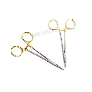 Premium German Stainless- Set of 2 PCS Gold Handle Mosquito Locking HEMOSTAT Forceps Straight + Curved 5"-Cynamed