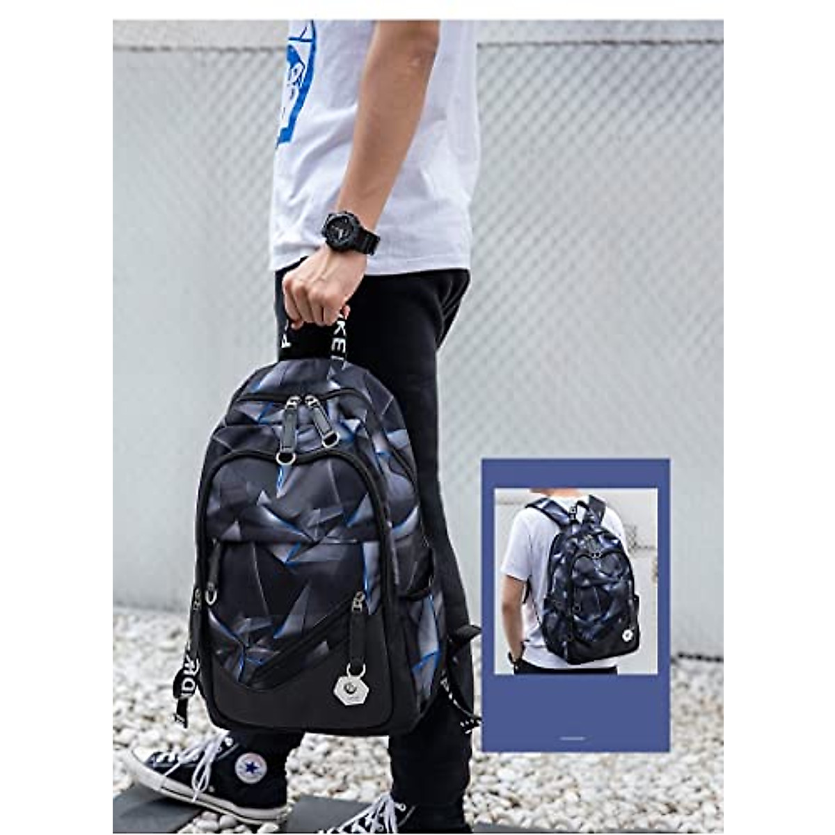 ETAISHOW Geometric-Print Boys Backpack for Elementary Middle School Kids Bookbag School Bag for Teens Black Blue
