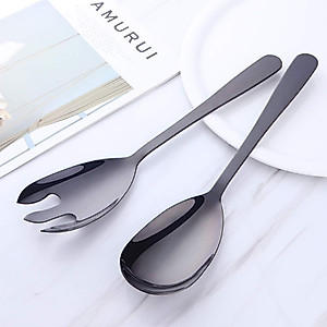 Mingcheng 12 Inches Stainless Steel Salad Server Sets with Salad Spoon and Fork, Cooking Utensils for Kitchen, Simple and Classic Dishwasher Safe(Black)