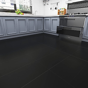 Decotalk Peel and Stick Floor Tile Waterproof Black Floor Tiles Vinyl Flooring for Kitchen Removable Vinyl Floor Tiles Stick and Peel Solid Black Bathroom Floor Tiles 12"x24" Flooring Planks for Floor