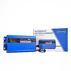 Unocho 24V Battery Charger Automatic Smart Charger 5A trickle Charger and I/O Switch 3 pin XLR Connector for Charging AGM Gel Lead-Acid Batteries for Cars wheelchairs Boats