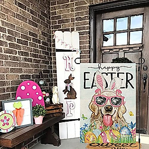 CROWNED BEAUTY Happy Easter Dog Garden Flag Golden Retriever 12x18 Inch Double Sided for Outside Burlap Small Yard Eggs Holiday Decoration CF706-12