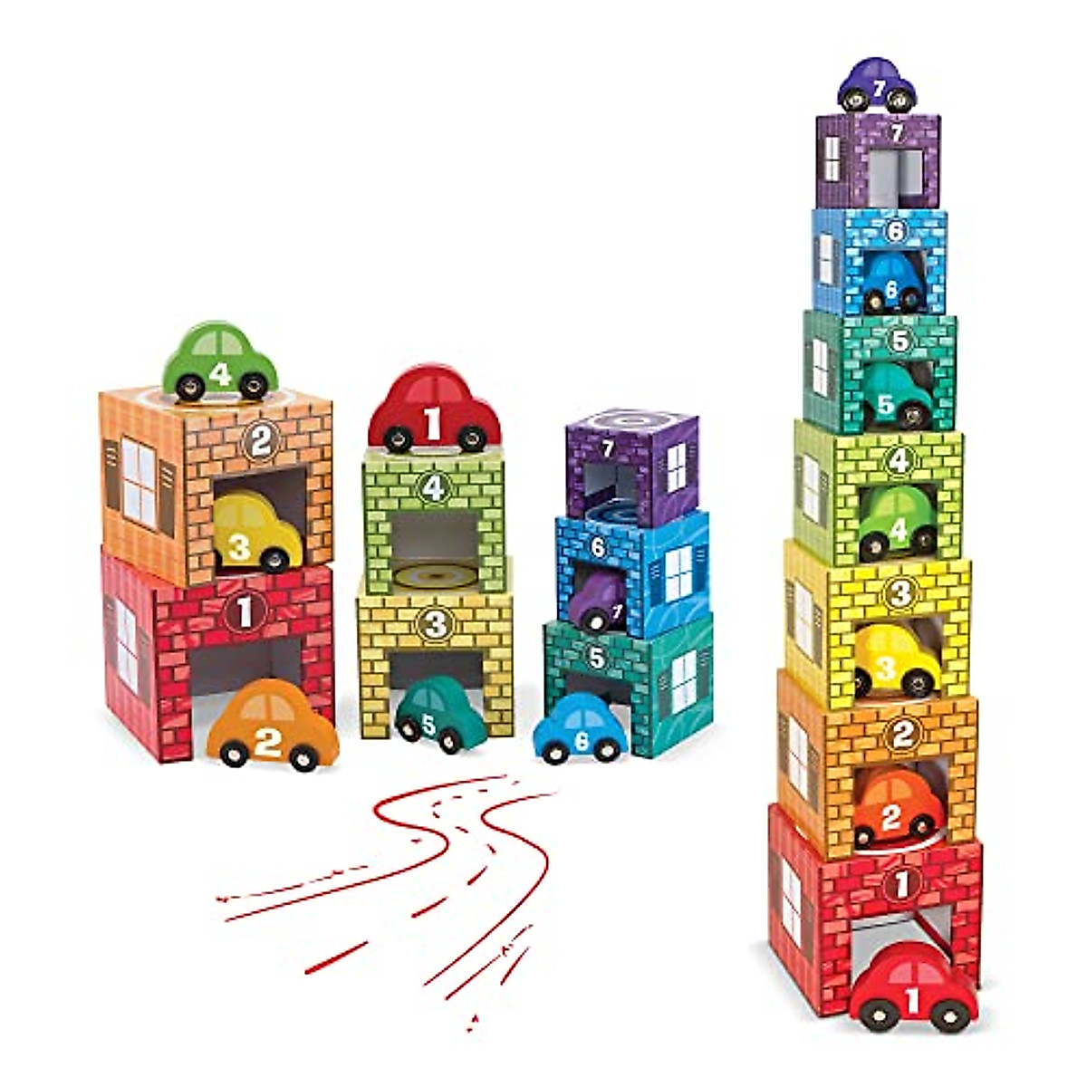 Melissa & Doug Nesting and Sorting Garages and Cars With 7 Graduated Garages and 7 Stackable Wooden Cars - Numbers Learning Toys, Car Garage Toy, Sorting And Stacking Toys For Toddlers Ages 2+