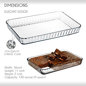 Borosilicate Glass Baking Dish for Oven, Casserole Dish, Heat Resistant Glass Ovenware, 16 in x 11 in Rectangular Baking Tray, 2 inches Height and 4-Quart Capacity Glass Cookware